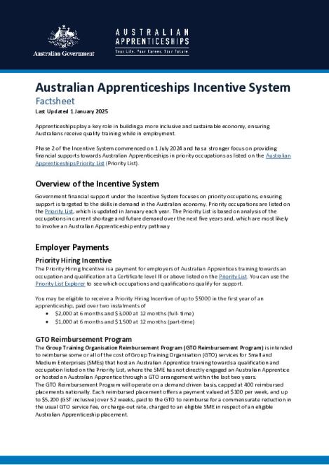 Australian Apprenticeships Incentive System Factsheet - Department of ...